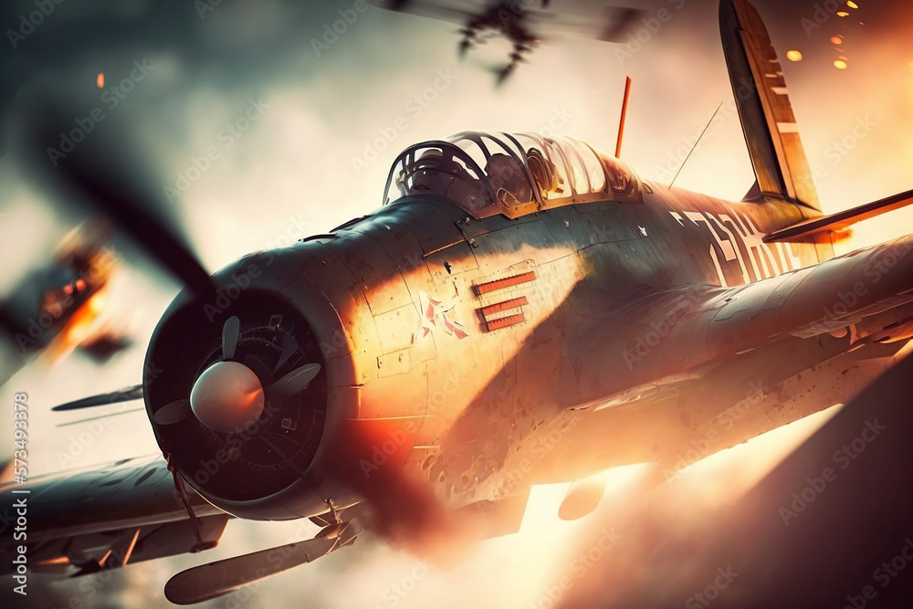 World War II Era Plane Flying Through Sunset Skies, battle with ...