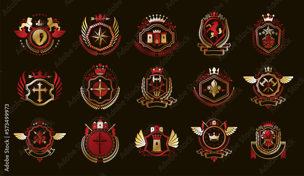 Heraldic Coat of Arms vector big set, vintage antique heraldic badges ...
