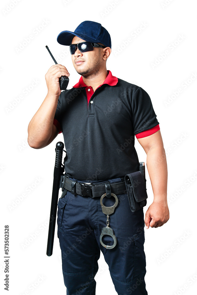 security guard wears dark glasses and wears a hat.holding a walkie ...