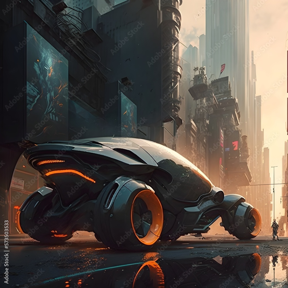 Race car in cyberpunk aesthetic. Futuristic sports car in dystopian ...