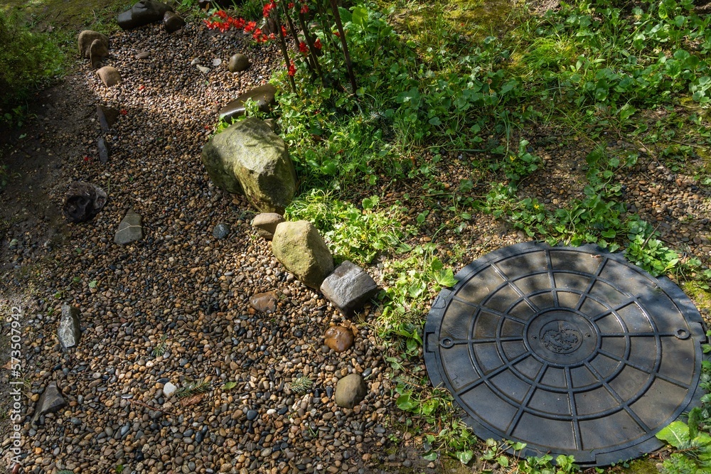 Drainage sewer system. Discharge of treated water from septic tank in ...