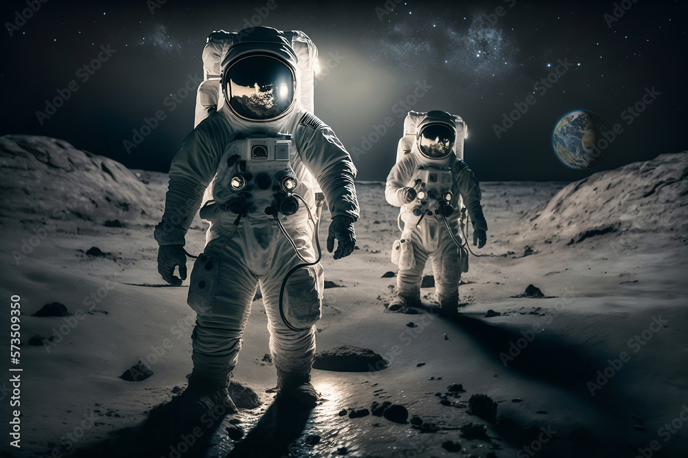 deux astronaute en train de se déplacer sur la lune, espace en arrière ...