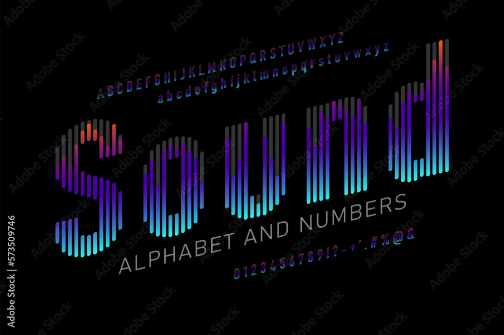 Colorful italic sound wave style font design, alphabet letters, signs, symbols and numbers ...