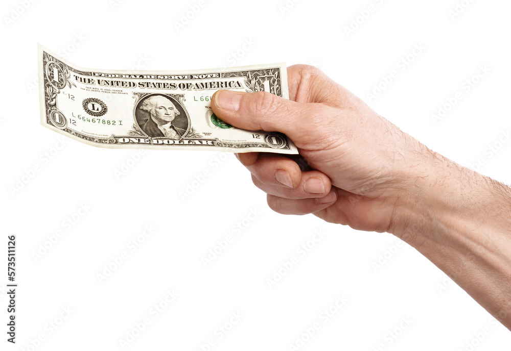 Hand hold one dollar bill isolated on transparent layered background ...