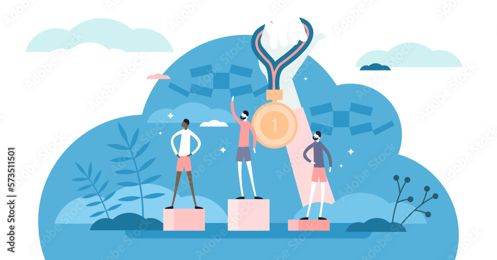 Gold medal competition award concept, flat tiny person illustration ...