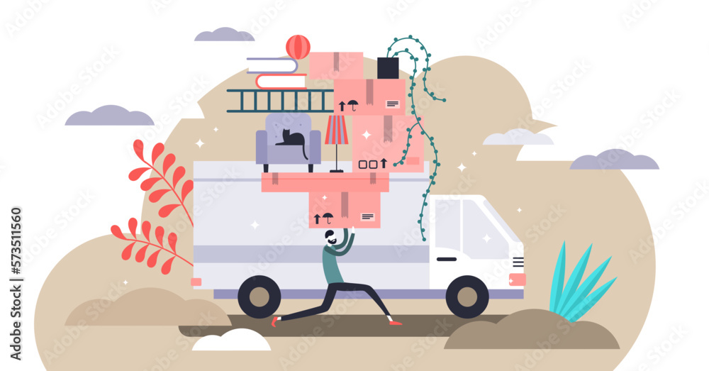 Moving illustration, transparent background. Flat tiny new home ...