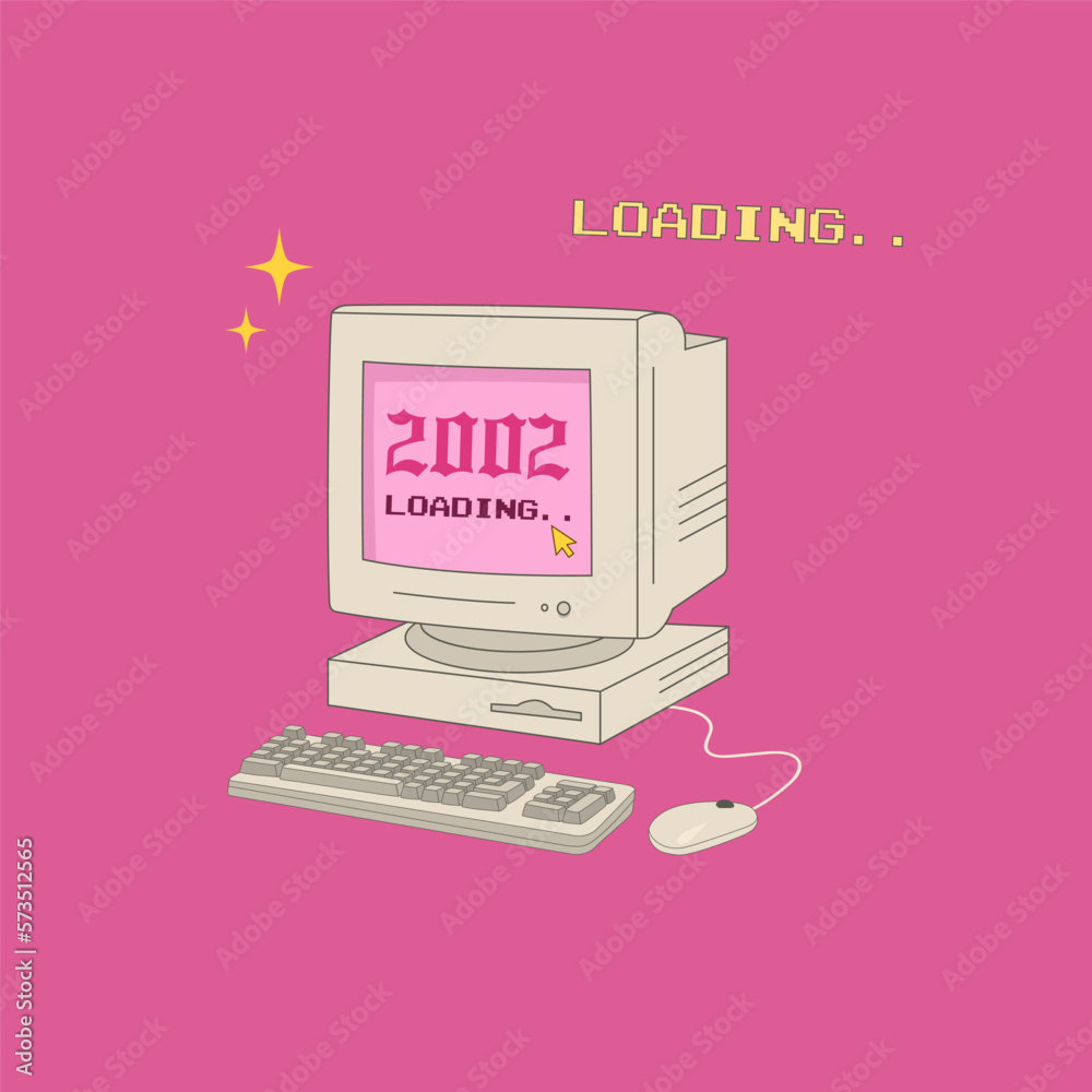 Vintage old computer. Y2K computer, hand drawn doodle. Vector Stock ...