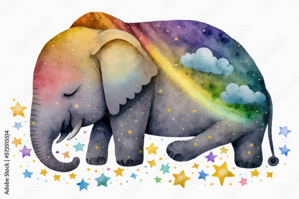watercolor drawing. the elephant sleeps on a cloud and a rainbow. cute ...