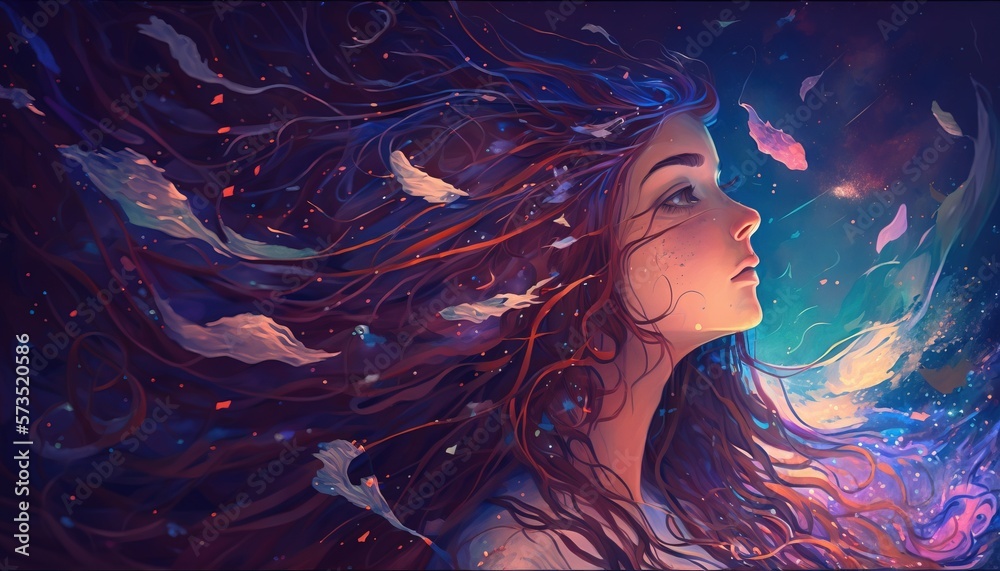 Lucid Dreaming experience illustration a woman floating in dream space ...