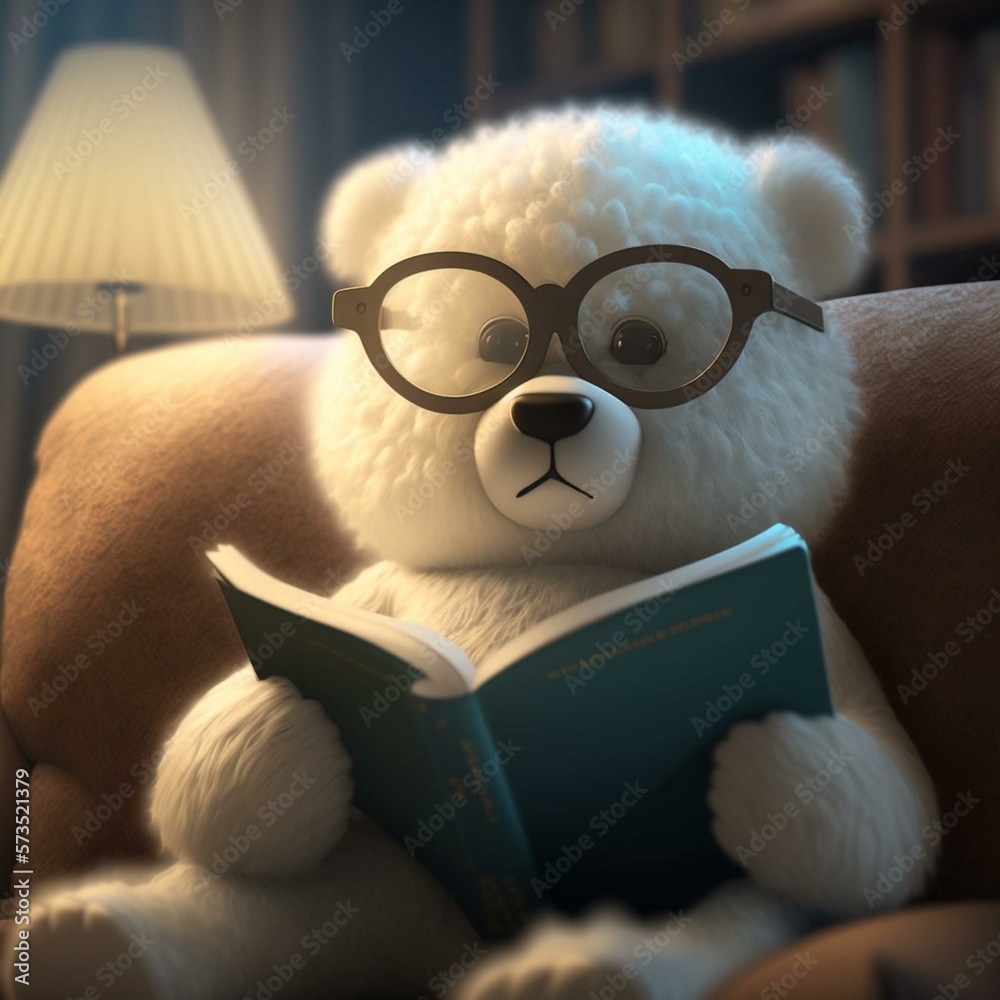 Cute teddy bear reading a book, cartoon style, AI-generated Stock ...