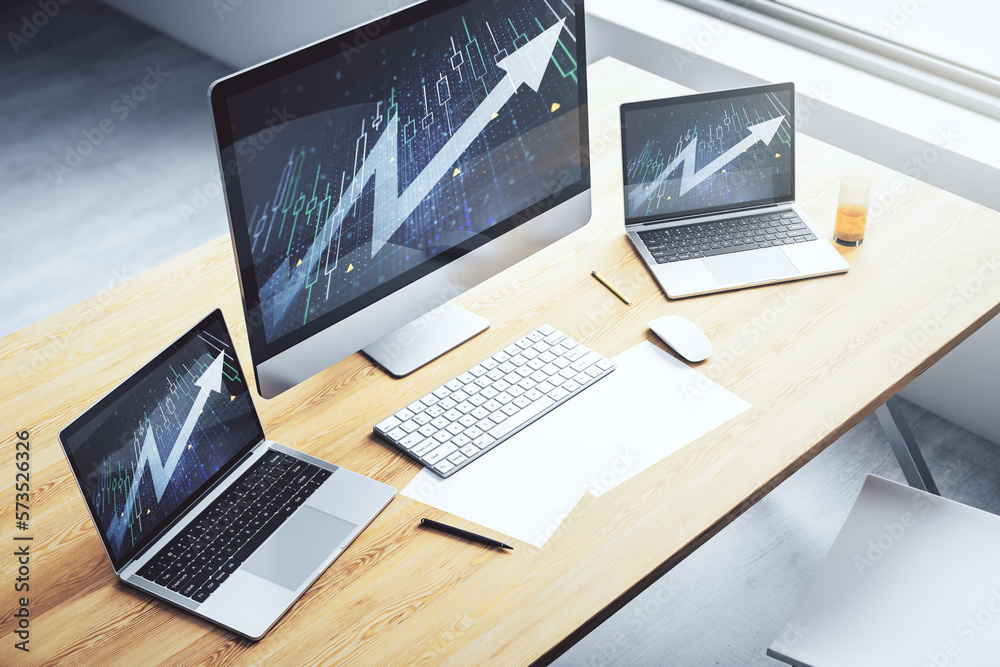 Abstract creative financial diagram with upward arrow on modern ...