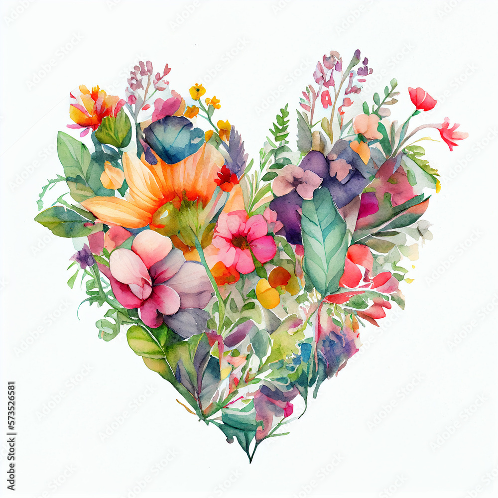 Flower heart shape, watercolor wildflowers, Valentine's Day heart ...