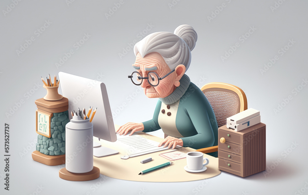 An elderly woman sits inside at a computer, wearing glasses and gray ...