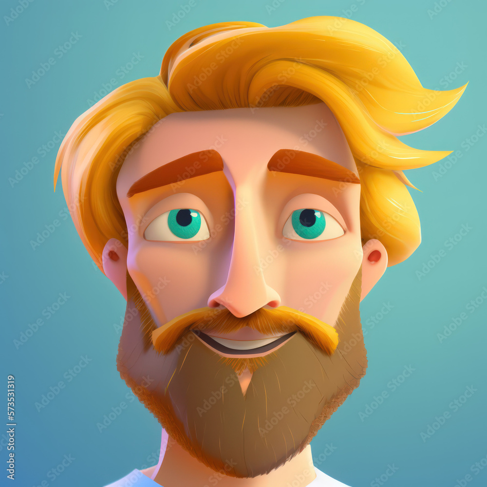 Cartoon Close up Portrait of Smiling Blonde Empowered Man with a beard ...