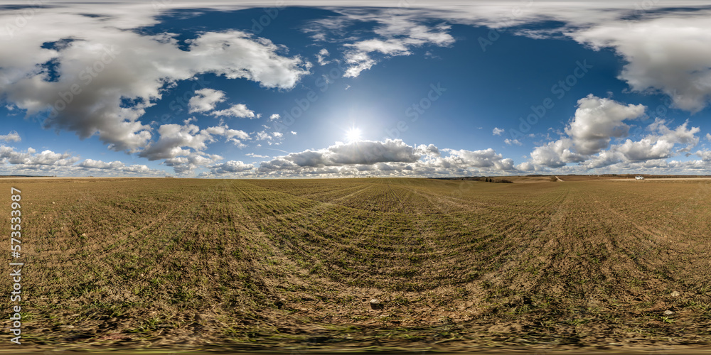 spherical 360 hdri panorama among farming field with clouds on blue sky ...