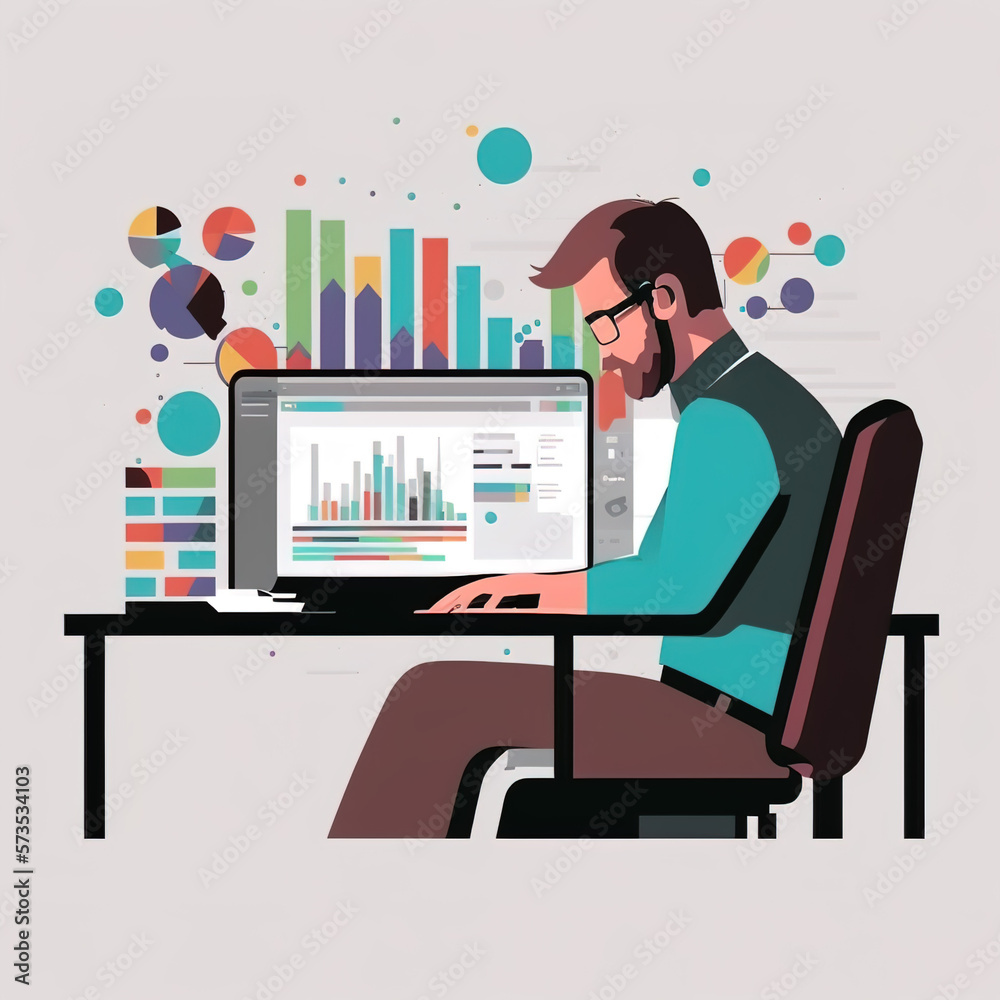 Graphic designer, man working in front of a computer, illustration ...