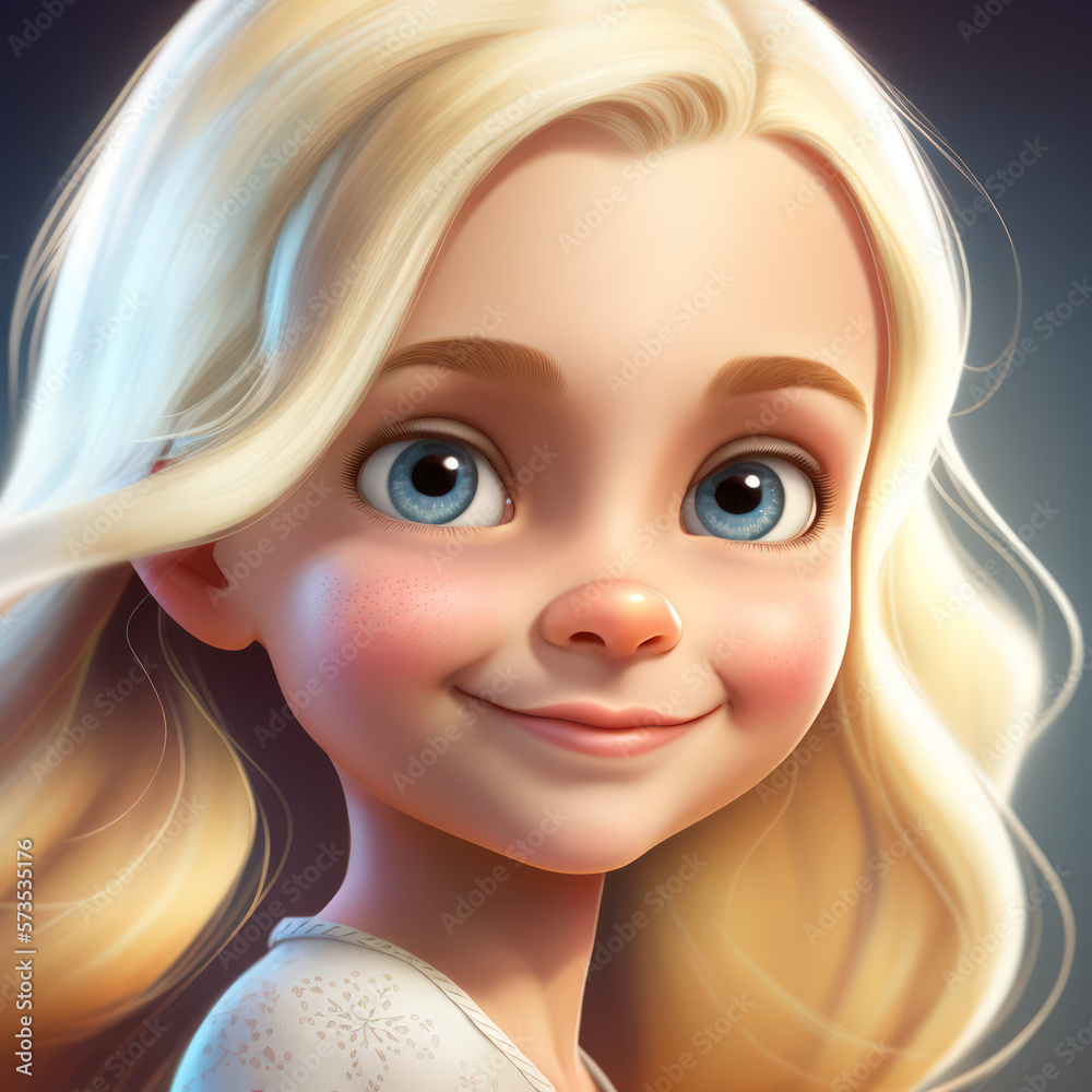 Cartoon Close up Portrait of Smiling Blonde Lively Girl with Long Hair ...