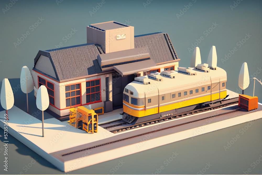 Icon representing low poly public train station building with cargo and ...