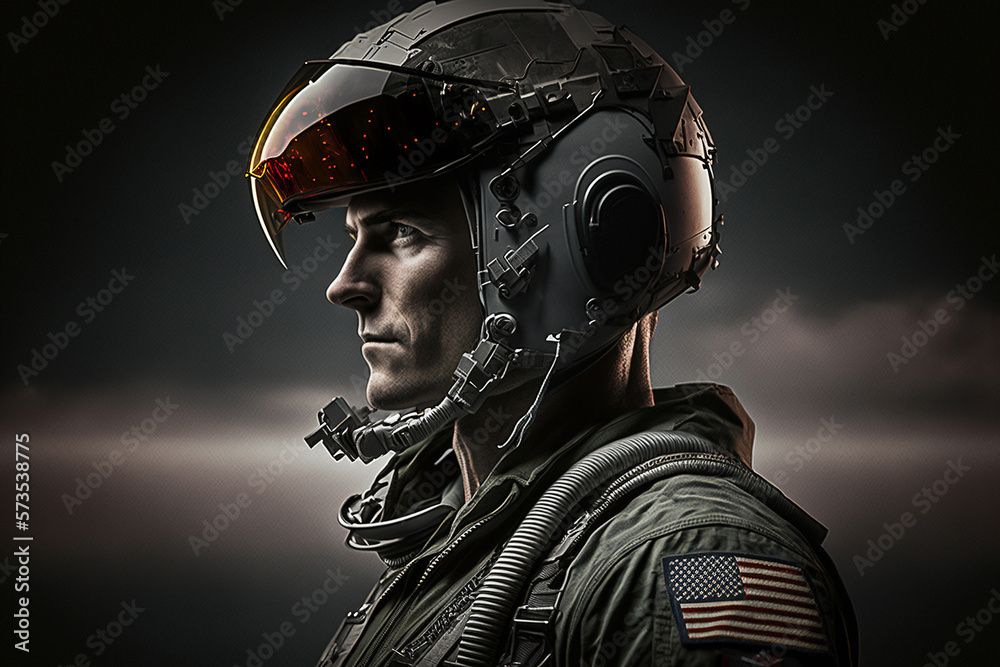 A skilled jet fighter pilot stands beside his aircraft, wearing a ...