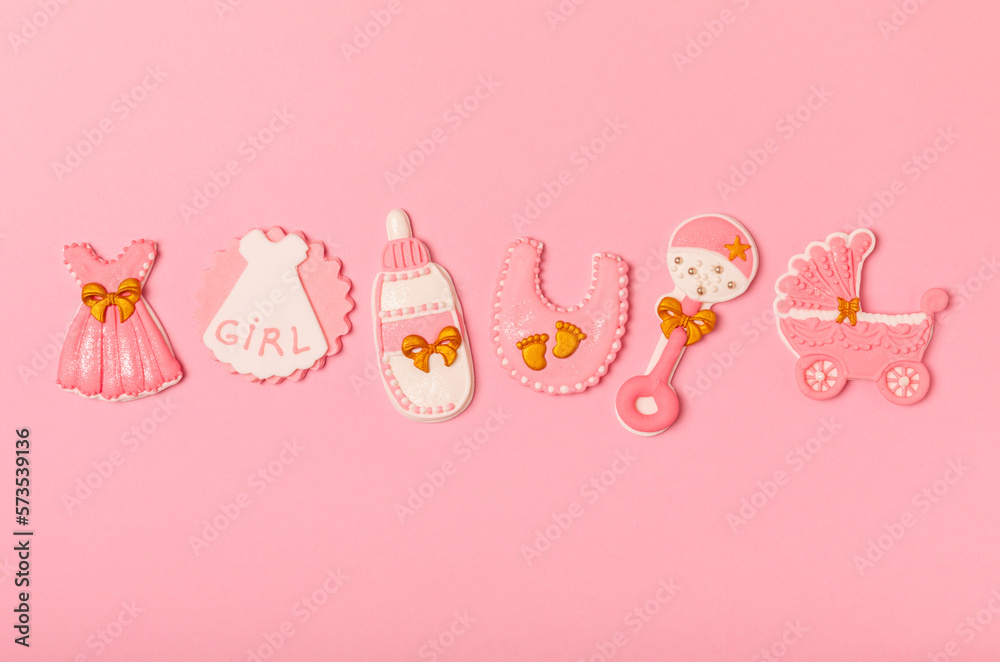 IT'S A GIRL! Baby shower cookies on a bright pink background. Gender ...
