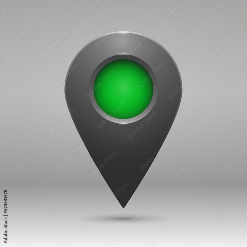 The geolocation icon is dark gray with highlights, shadows and a green ...