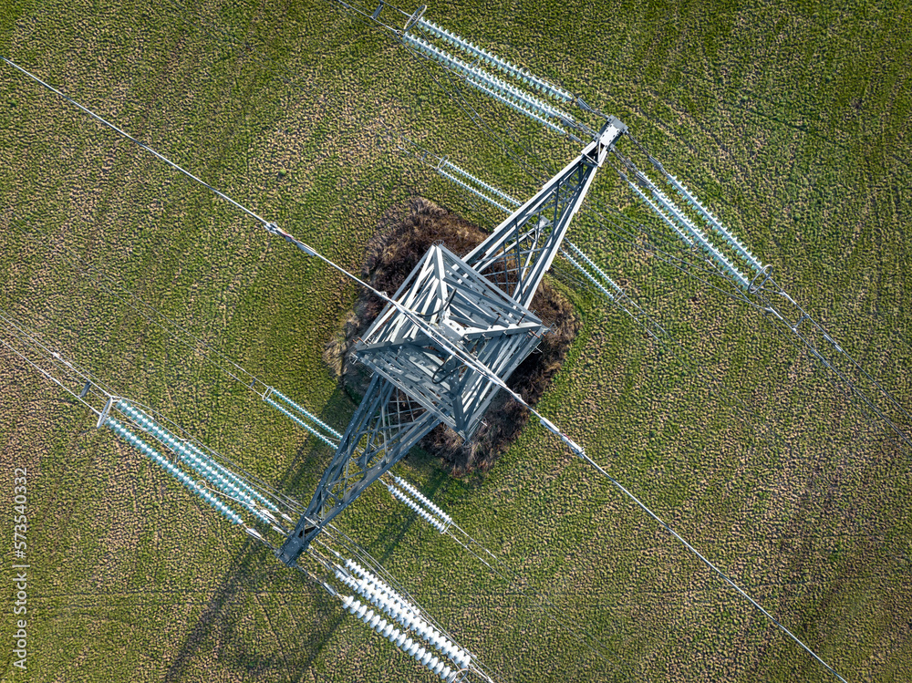 Bird's Eye View of Industrial High Voltage Lattice Power Line Tower ...