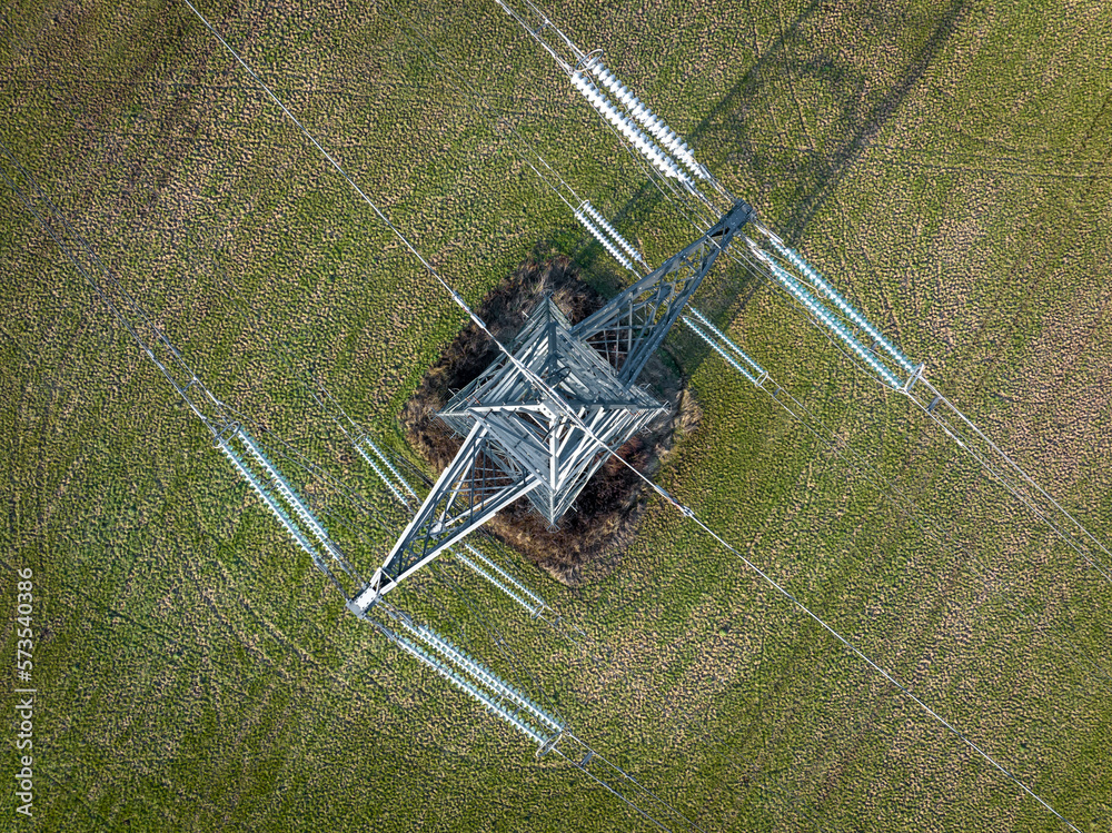 Bird's Eye View of Industrial High Voltage Lattice Power Line Tower ...