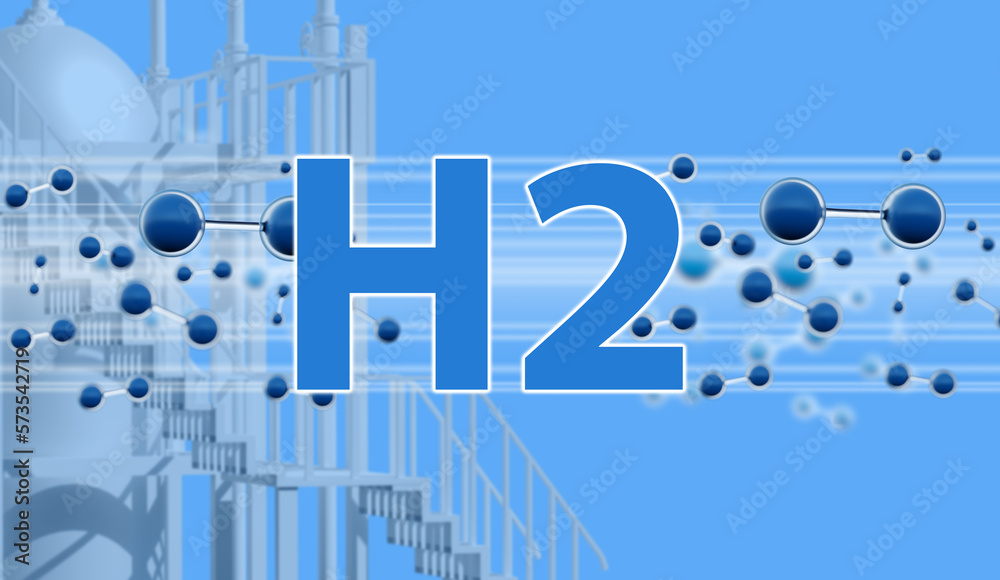 H2 logo. Hydrogen energy. H2 inscription near fragment of power station ...