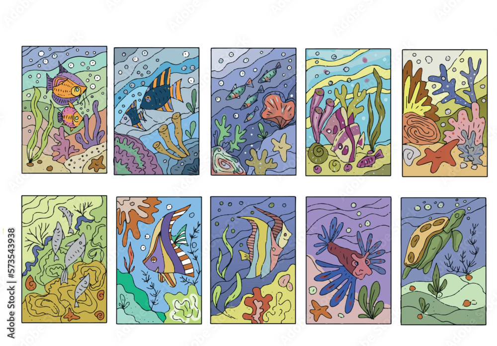 Coloring sea for children antistress fish algae pebbles waves black and ...