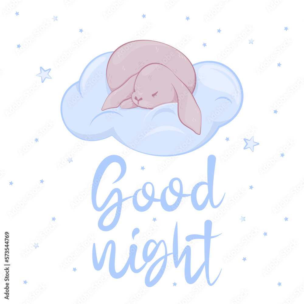 Cute sleeping rabbit laying on soft cloud with hand written lettering ...