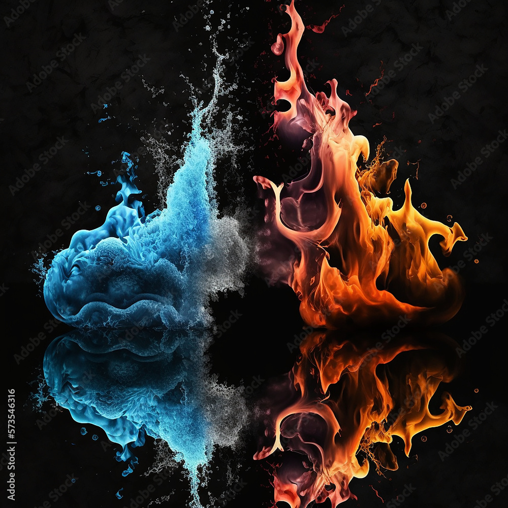 Fire and water splash abstract design, opposites unite concept, blue ...