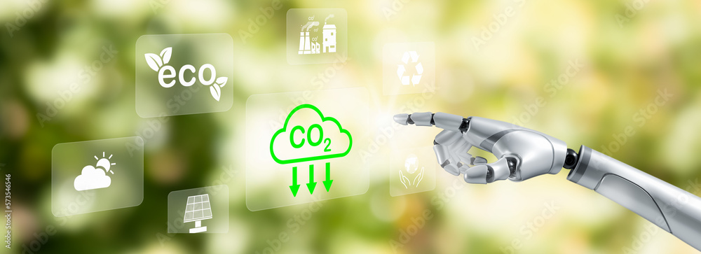 AI Robot hand touch recycle symbol with virtual modern reduce CO2 ...