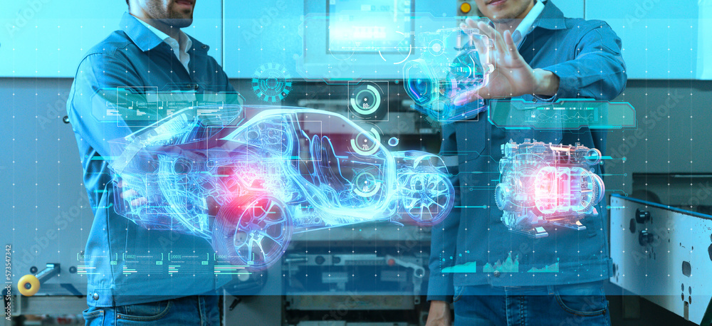 Engineer with AI factory system production line. Engineering smart EV ...