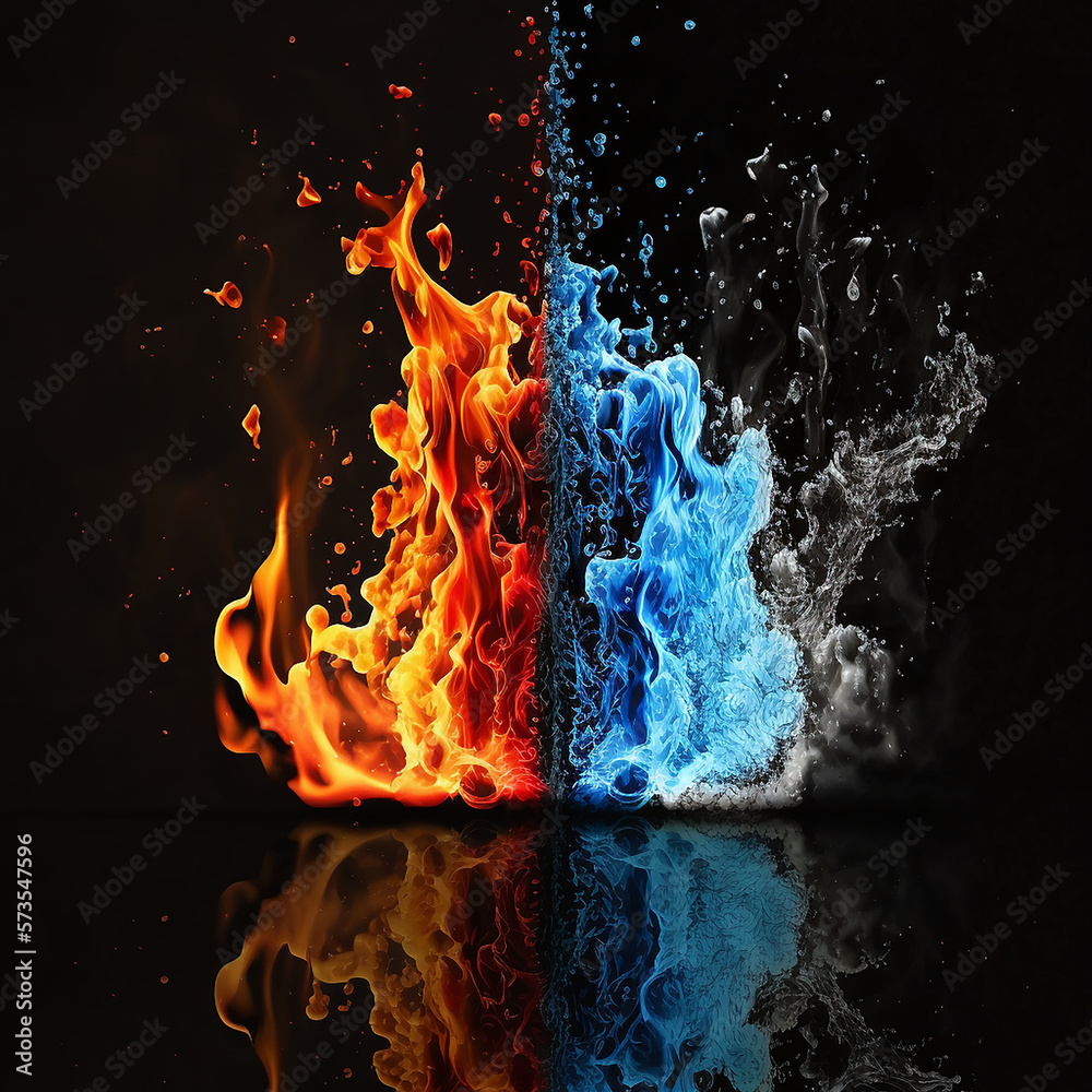Fire and water splash abstract design, opposites unite concept, blue ...