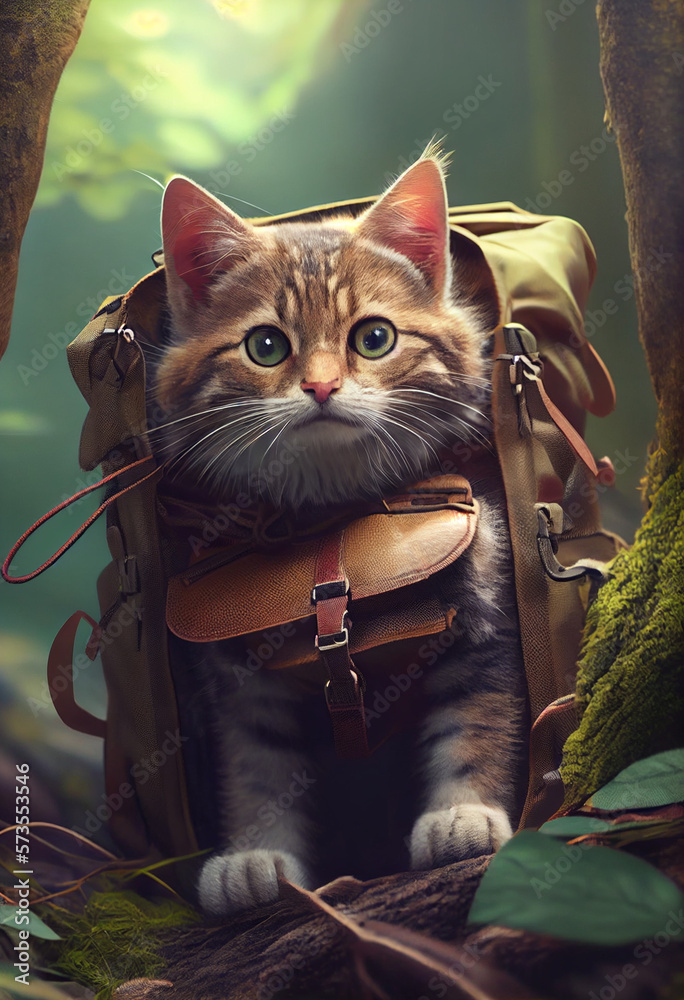 cute cat as a backpacker travel to a forest created by generative ai ...