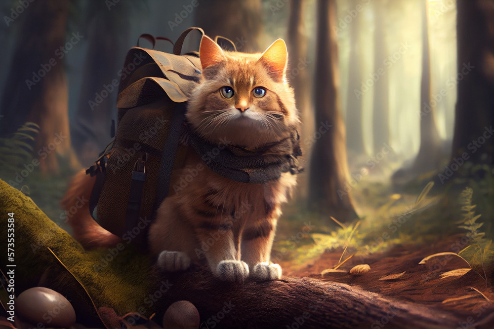 cute cat as a backpacker travel to a forest created by generative ai ...