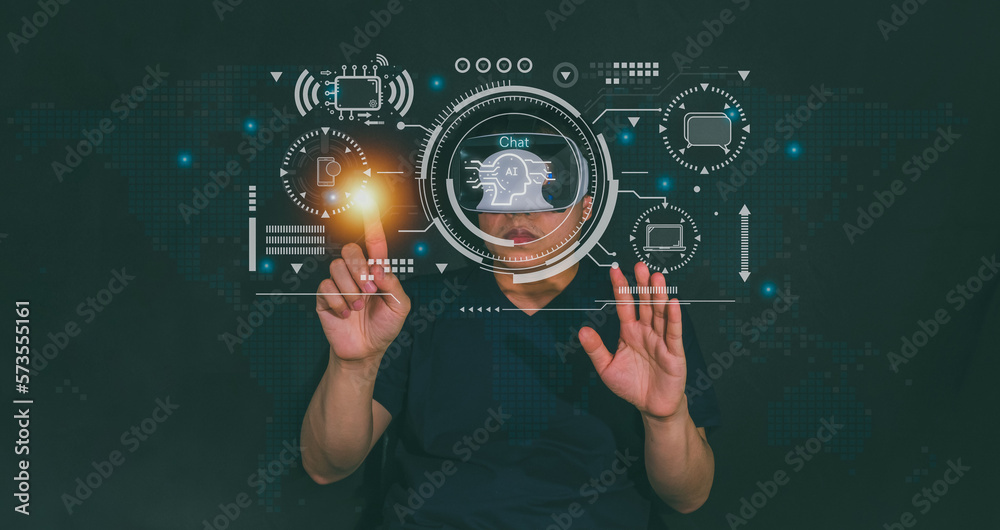 businessman using VR glasses, 3d chatbot on communicator, using Q-A ...