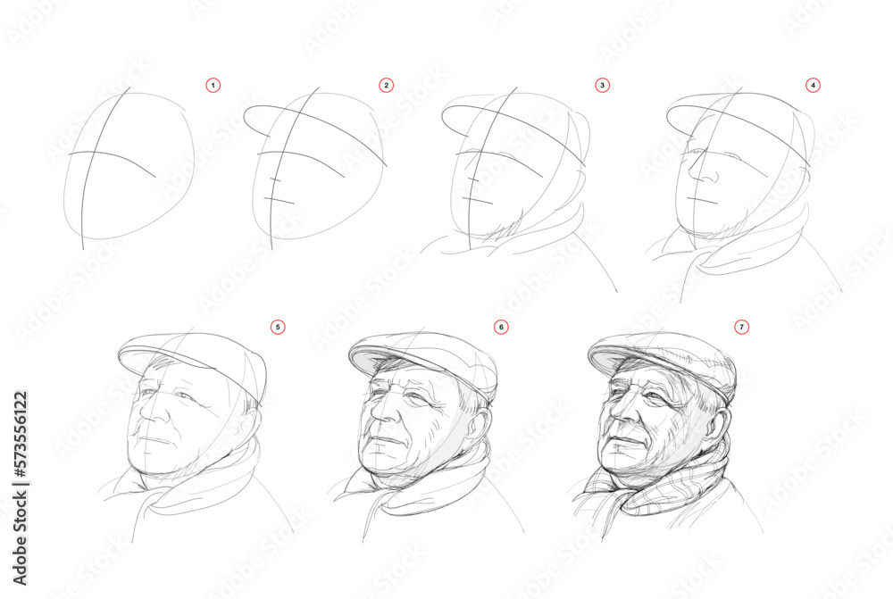 Page shows how to learn to draw sketch a portrait of old happy man ...