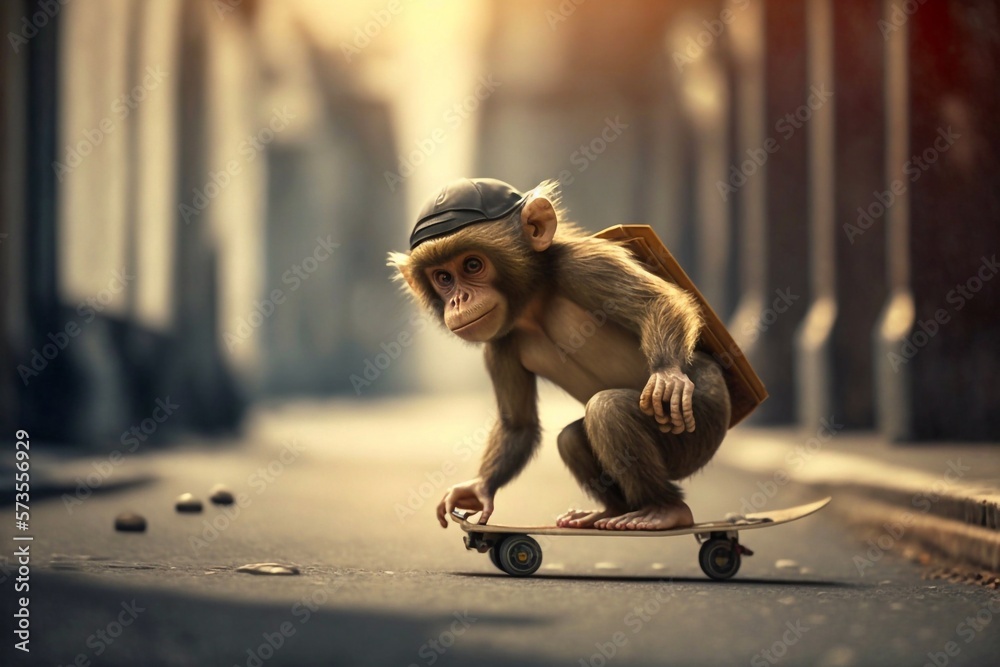 Monkey riding a skateboard in the street. Generative AI Stock ...
