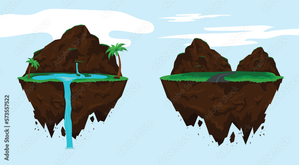 Floating islands with waterfall and road on both of them. Unique ...