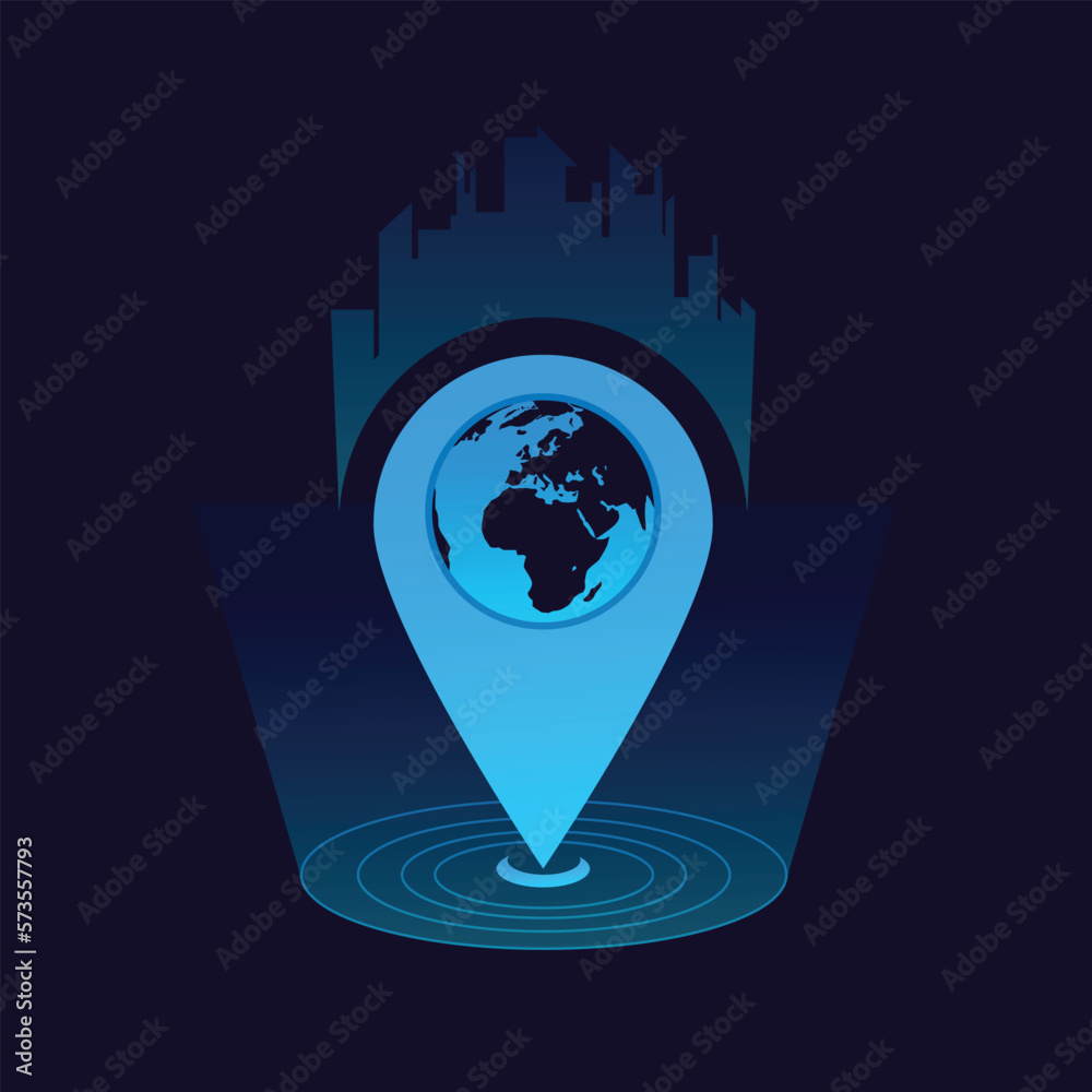 Blue location icon with futuristic graphic vector around. City ...