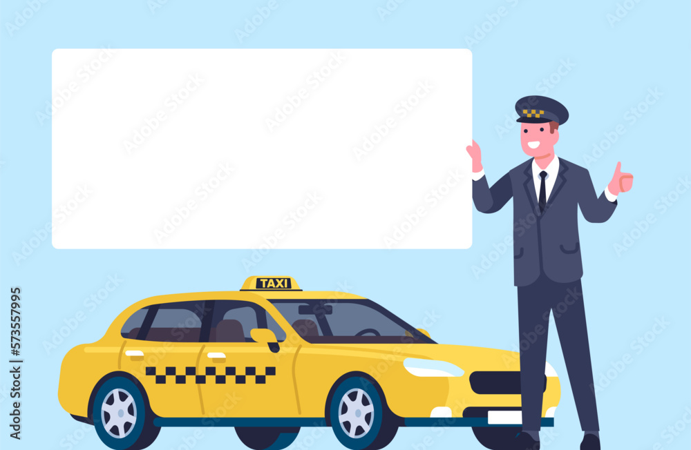Advertising banner for cab service. Driver showing blank placard. Taxi ...