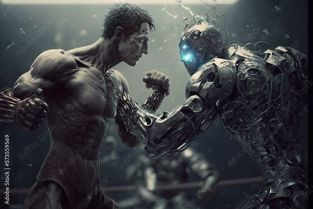 Generative AI of a male cyborg fighting with a robot Stock Illustration ...