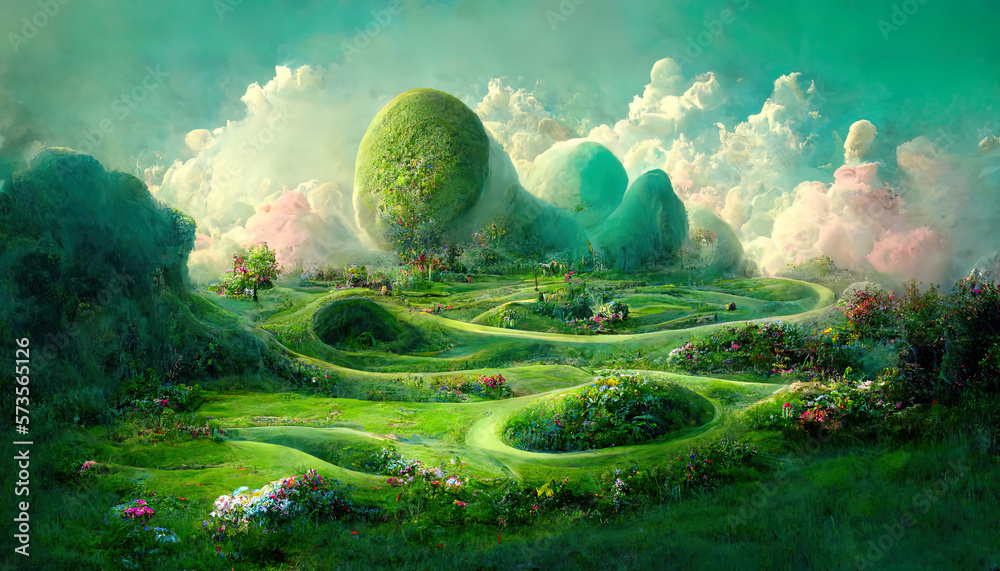 Childhood fantasy world dream green landscape a clear day environmental concept. Generative Ai ...