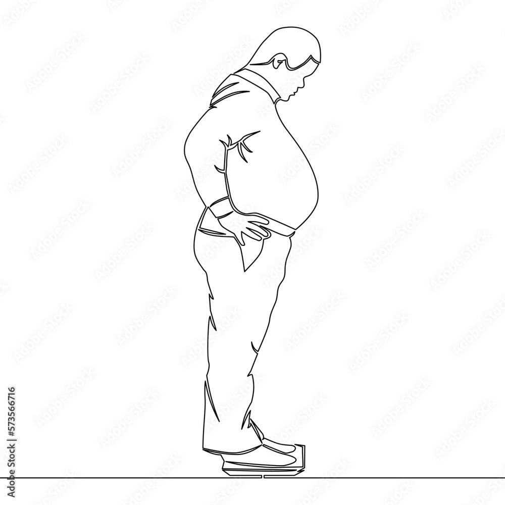Continuous line drawing Big Fat guy on scales Thick man fatso icon ...