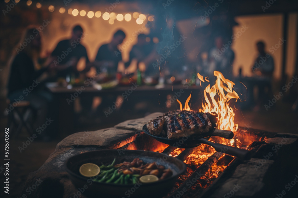 A traditional South African braai (barbecue), with meat sizzling over ...