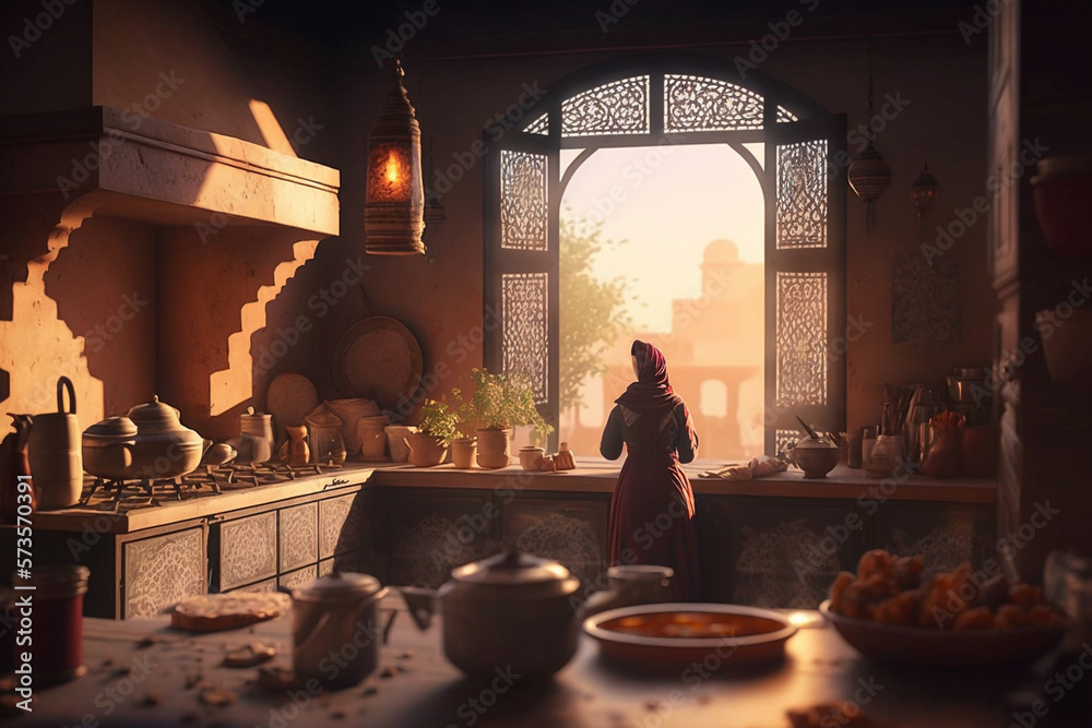 Moroccan kitchen with big windows at sunset, old islamic african lady ...