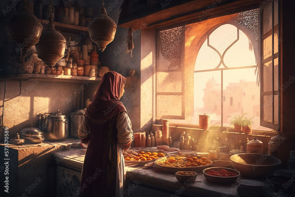 Moroccan kitchen with big windows at sunset, old islamic african lady ...