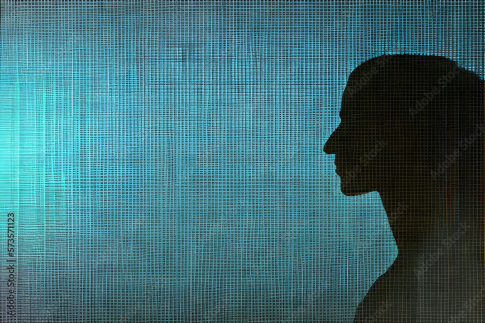 Human face profile silhouette on a mesh texture background of the blue ...