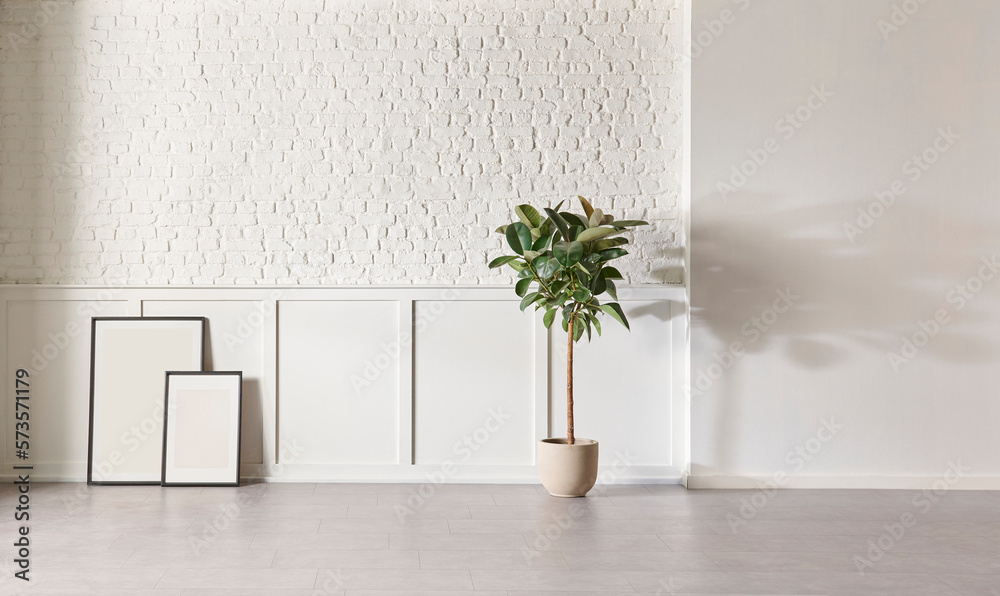 White classic and brick wall background concept, interior room, vase of ...
